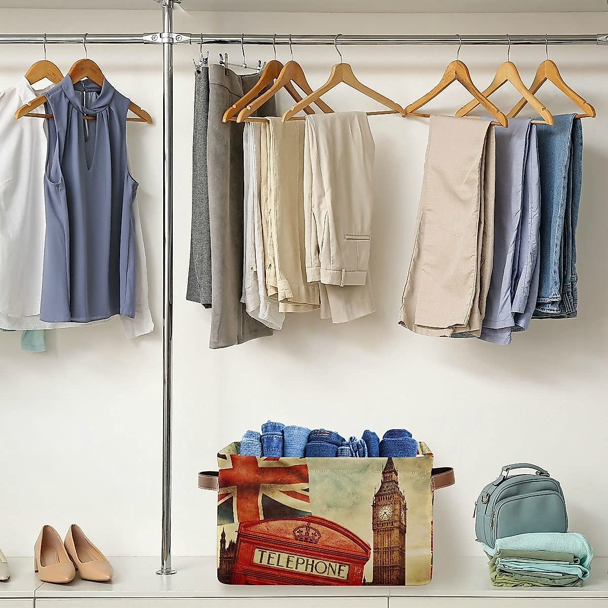 AUUXVA London UK Flag Telephone Booth Storage Bins Basket, Big Ben Union Jack Collapsible Storage Cube Rectangle Storage Box with Handles for Shelf Closet Nursery Bedroom Home Office 2 Pack