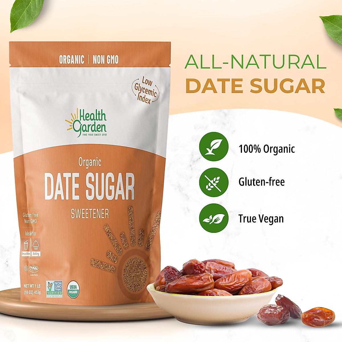 Health Garden Date Sugar (16 OZ), Organic Date Sugar Sweetener, All-Natural Dried Ground Dates, Rich in Vitamins and Minerals, No Gluten, Non-GMO, Low Glycemic Sugar Substitute (1 LB pack of 1)