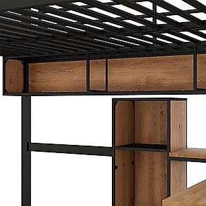 DOLPRNE Full Size Metal Loft Bed with L -Shaped Desk,Guardrails and Shelves,Multi -Functional Bed Frame for Kids Teens Adults Bedroom,Black