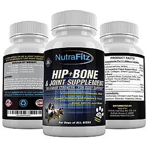 NutraFitz Hip Bone and Joint Supplement for Dogs -Glucosamine Chondroitin for Dogs, MSM, Organic Turmeric - Hip Dysplasia, ACLs - Best Dog Joint Supplement for Joint Support - 120 Tablets