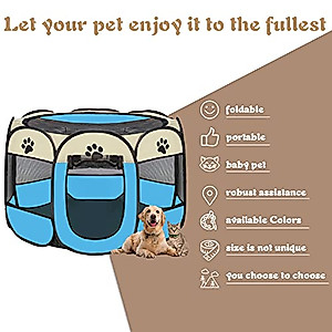 C&AHOME Dog Playpen Portable Foldable Pet Playpen with Free Carrying Case Free Travel Bowl and Free Lawn Pin, Dog Playpen Indoor Outdoor Travel Camping Use (Medium, Blue) UFPPOPFML