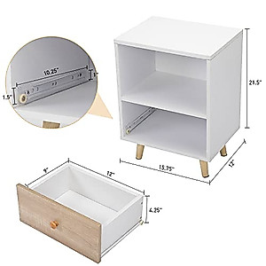 JAXPETY Nightstands Set of 2, Night Stand with Drawer and Open Storage Shelf, Bedside Tables with Solid Wood Legs, End Table, Side Table, for Bedroom(2-Pack, White)