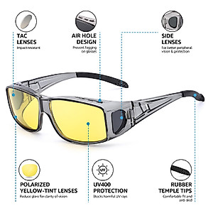 LVIOE Wrap Around Night-Vision Glasses, Fit Over Prescription Glasses with Polarized Yellow Lens Night-Driving Glasses