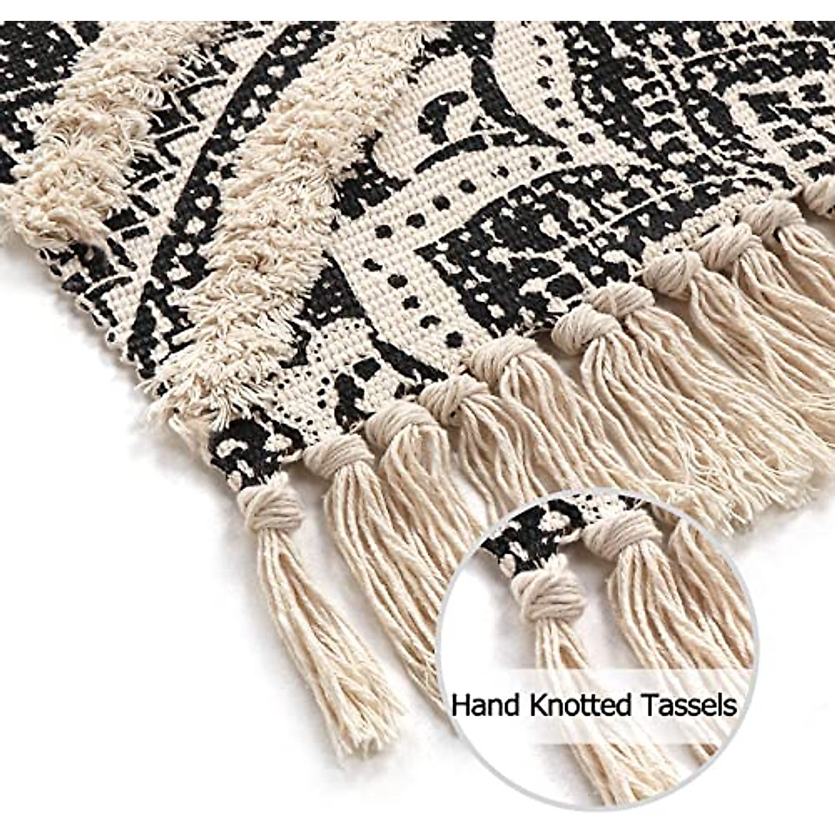 KIMODE Mandala Boho Runner Rug 2x5 Washable Cotton Hand Woven Bedroom Rug Runner Black Throw Rugs Tufting Bohemian Rug for Living Room/Laundry Room/Kitchen/Entryway