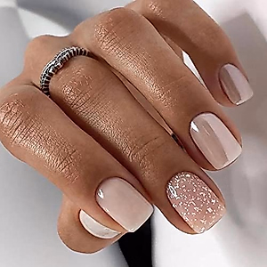 24 Pcs Short Press on Nails Cute Square Fake Nails, Full Cover False Nails with Glitter Design Glossy Stick on Nails Nude Pink Acrylic Nails Short Square Glue on Nails for Women and Girls DIY Manicure