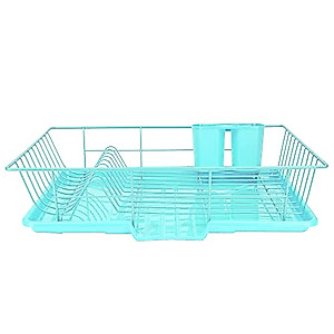 Home Basics Dish Drying Rack (Turquoise) Dish Drainers for Kitchen Counter | with Sloping Tray and Utensil Holder | Big Dish Drying Rack