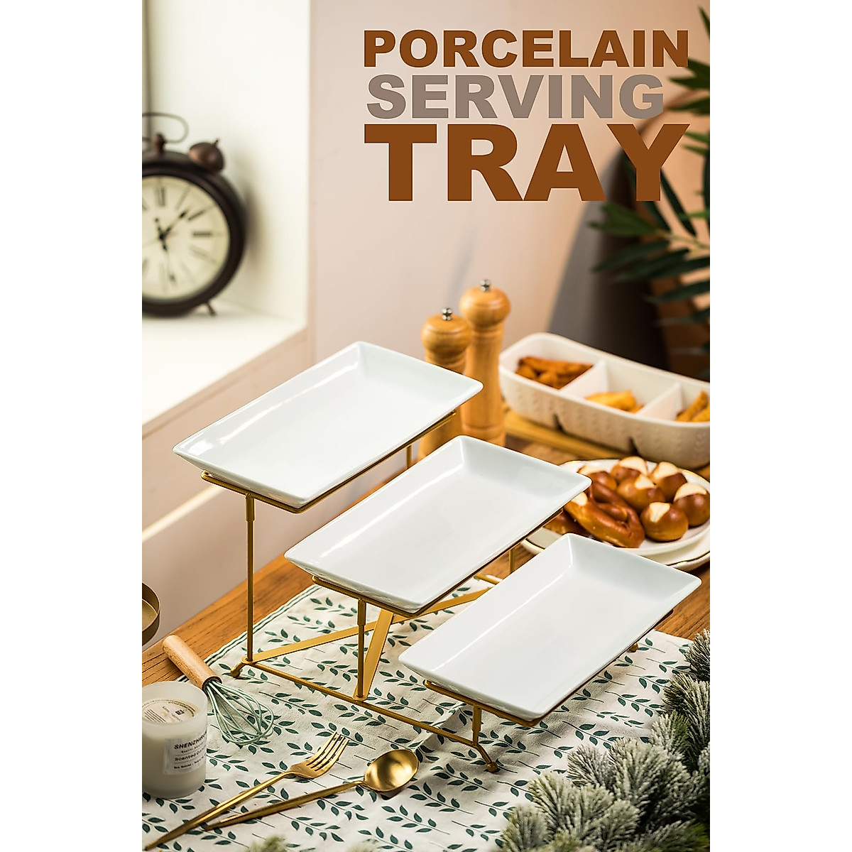 LAUCHUH 3 Tier Serving Stand Porcelain Serving Platter Tier Serving Trays with Collapsible Sturdier Rack, Serving Dishes and Platters for Thanksgiving, Christmas, Entertaining, Gold, 12 Inch