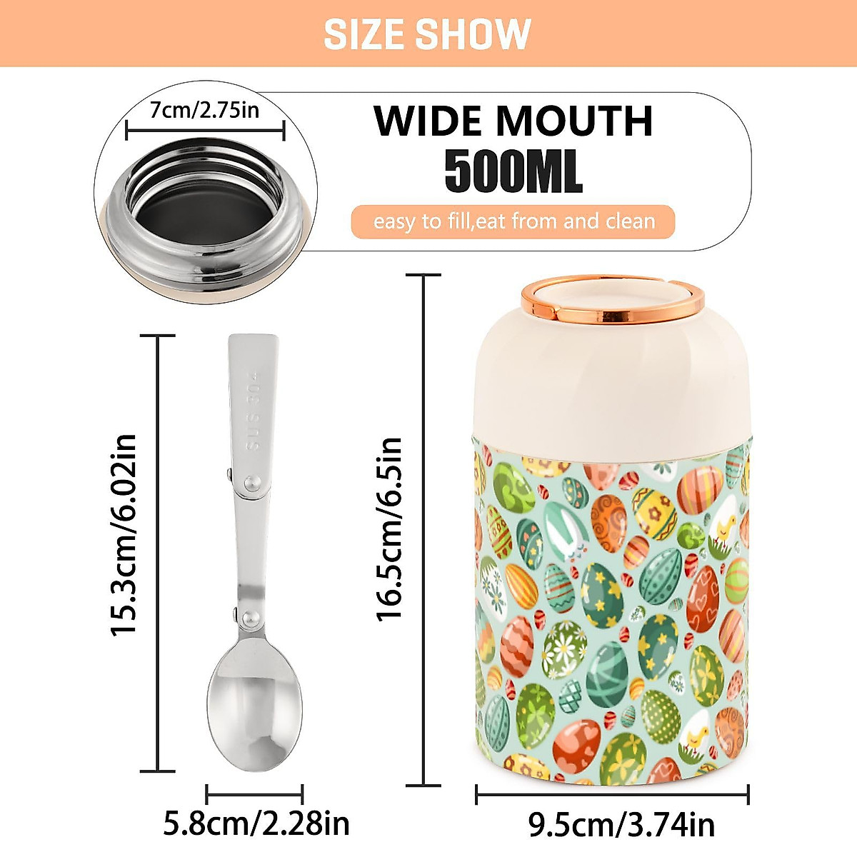 Easter Eggs Religion Holiday Celebration Kids Womens Insulated Food Jar with Spoon 17oz/500ml Jar For Hot Food Stainless Steel Vacuum Portable Thermo Flask for Insulated Hot Food