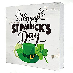 Happy St. Patrick’s Day Wood Box Sign Home Decor, Rustic Saint Patricks Day Wooden Box Sign Block Plaque for Wall Tabletop Desk Decoration