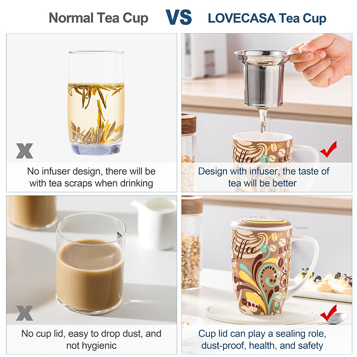 LOVECASA 16 OZ Tea Mug with Infuser and Lid, Tea Infuser Mug with Handle Ceramic Mug with Filter for Tea, Milk, Coffee, Loose Leaf Tea Infusers, Black