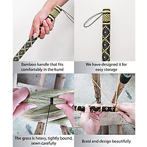 Natural Grass Thai Broom Indoor Outdoor, Vintage Retro Embroidered Woven Nylon,Handmade Broom,Housewarming Gift Witch Broom, Broomstick Bamboo Stick Handle,Kong Grass Broom,Durable Broom(Black)
