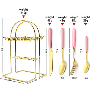 Gold Silverware Set, Caliamary 24 Pieces Flatware Set with Silverware Holder, Stainless Steel Knives and Forks and Spoons Cutlery Set Service for 6, Kitchen Utensil Tableware Set with Pink Handle
