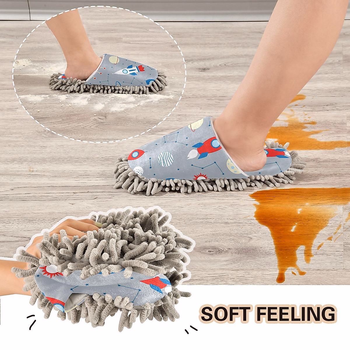 FLildon Microfiber Cleaning Slippers Space Rockets Planets Washable Mop Shoes Slipper for Men/Women House Floor Dust Cleaner, Size L