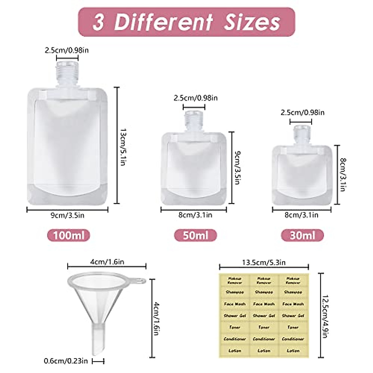 UHAPEER 60 PCS Refillable Empty Squeeze Pouches, Portable Travel Fluid Bags with Funnel and Label, 30ml/50ml/100ml Makeup Packaging Bags, Clear Leakproof Travel Container for Toiletries Lotion Shampoo