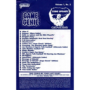 Game Genie Codebook Update for Sega Genesis - Volume 1 Number 2 (Supplement code update booklet with additonal codes not in original manual) (Game Genie Code Update) [Paperback] [1994] Galoob