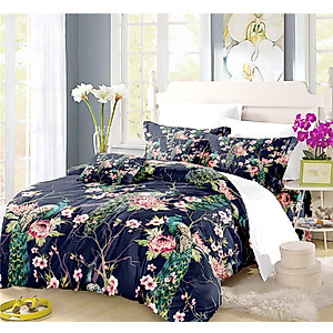 REALIN Peafowls Duvet Cover Set Chinese Style Bedding Noble Green Peacock Bed Sets 2/3/4PCS Quilt Covers/Sheets/Pillow Shams,Twin/Full/Queen/King (E,King-229x259cm-4PCS)