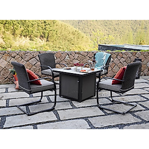 Grand patio Outdoor 5-Piece Steel Fire Pit Dining Set All-Weather 4 Steel Rocking Wicker Chairs with Removable Olefin Cushion & 32-in Square CSA Approved 50000BTU Sling Base Propane Gas Fire Table