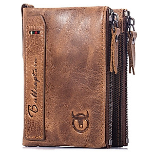 BULLCAPTAIN Genuine Leather Wallet for Men Vintage Bifold with Double Zipper Pockets (Brown)