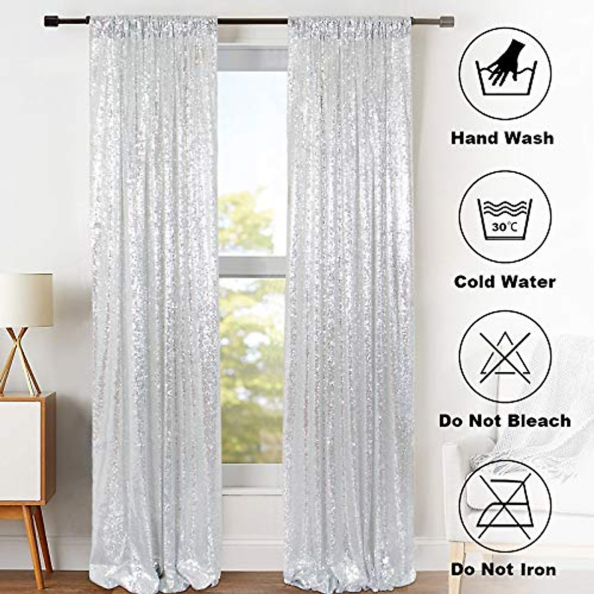 Sparkle Backdrop Curtain Silver 2 Panels Set Sequin Photo Backdrop 2FTx8FT Sequin Backdrop Curtain Pack of 2-1220S