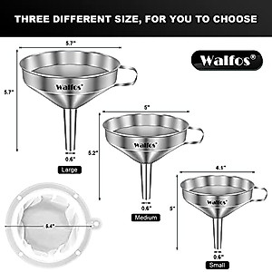Walfos 3Pcs Kitchen Funnel with 2 Removable Strainer ＆ 1 Cleaning Brush & 1Pc 200 Mesh Food Filter Strainer, Food Grade Stainless Steel Funnel for Transferring of Liquid, Oils, Jam, Dry Ingredients