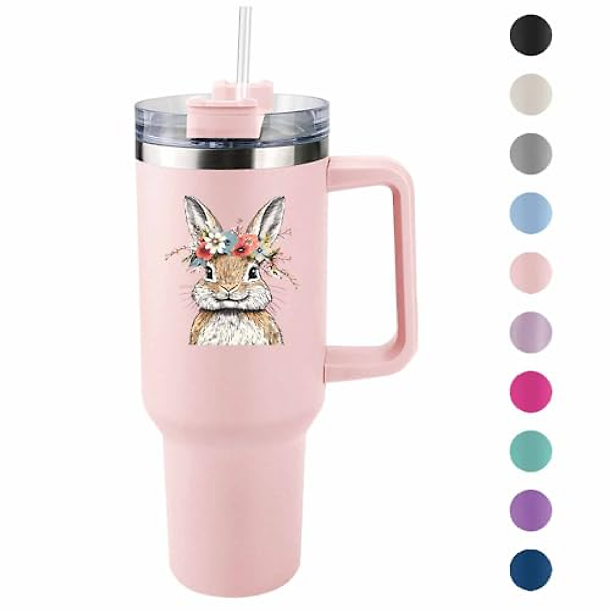 LB LEOBON 40 ounce insulated cup with handle, double-layer vacuum stainless steel material, equipped with straw, can keep warm or maintain cold drinks Easter Rabbit H Light pink