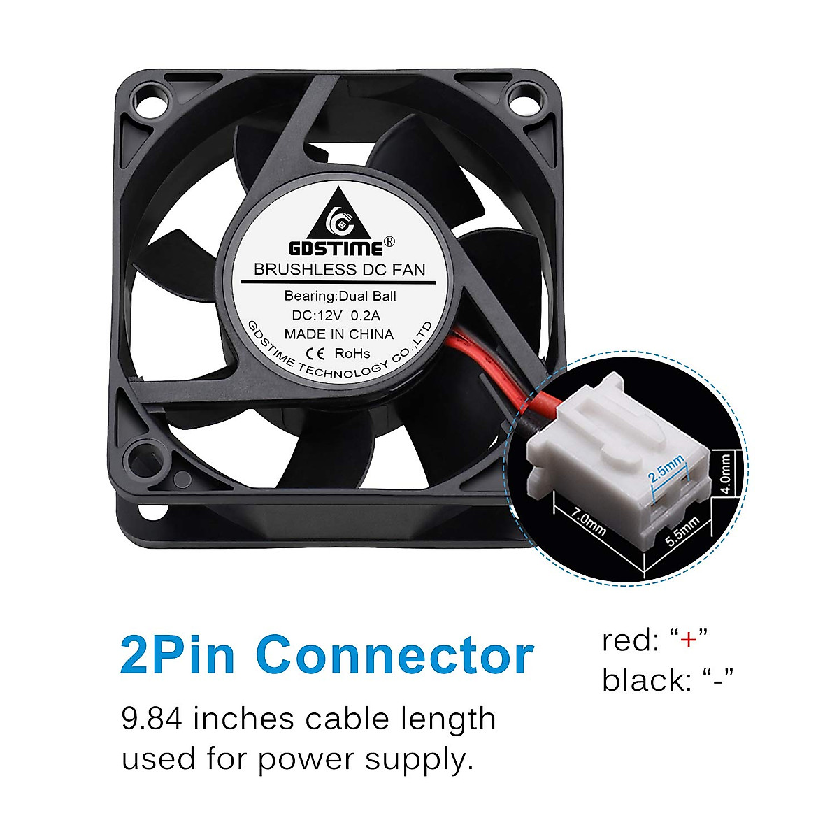 GDSTIME 60mm Fan, 60mm x 60mm x 25mm Dual Ball Bearings 12V DC Brushless Cooling Fan