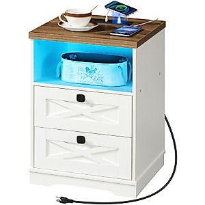 HOOBRO Nightstand with Wireless Charging Station and LED Lights, Farmhouse End Table with 2 Drawers and Open Shelf, Smart LED Side Table with Wireless and USB for Bedroom, Antique White WH140UDBZ01