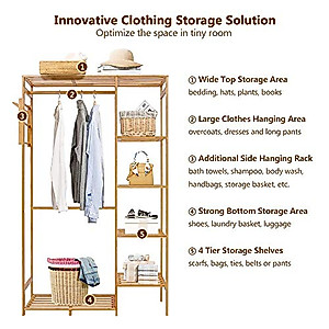 Ufine Bamboo Garment Rack 6 Tier Storage Shelves Clothes Hanging Rack with Side Hooks, Heavy Duty Clothing Rack Portable Wardrobe Closet Organizer
