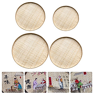 Healifty 4 Pcs Handwoven Flat Wicker Round Fruit Basket Woven Food Storage Weaved Shallow Tray Organiser Vegetable Fruit Bowl Kids DIY Drawing Board Wall Basket Decor for Kitchen Table Centerpiece