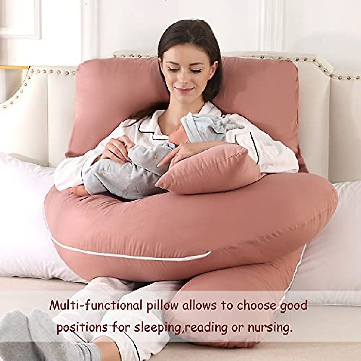 HINAPRAM Pregnancy Pillows for Sleeping Detachable U Shaped Full Body Pillow Maternity Pillows for Sleeping 55 inches Pregnancy Body Pillow with Cotton Cover(Pink)