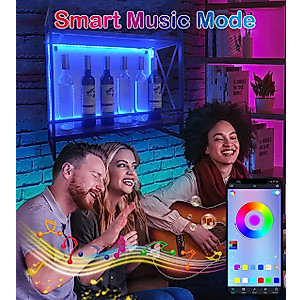 RGB IC LED Wine Racks Wall Mounted, Remote Control and 5 Stem Wine Glass Holders, 23.6 in Industrial Metal Hanging Wine Rack, Rustic Bottle Holder Glass Rack, 2-Tiers Bar Shelves for Home, Dining Room