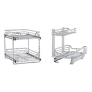 Household Essentials C21521-1 Glidez Dual 2-Tier Sliding Cabinet Organizer, 14.5" Wide, Chrome & C26512-1 Glidez Under Sink Sliding Organizer | Pull Out Cabinet Shelf | Chrome | 12.5 Inches Wide