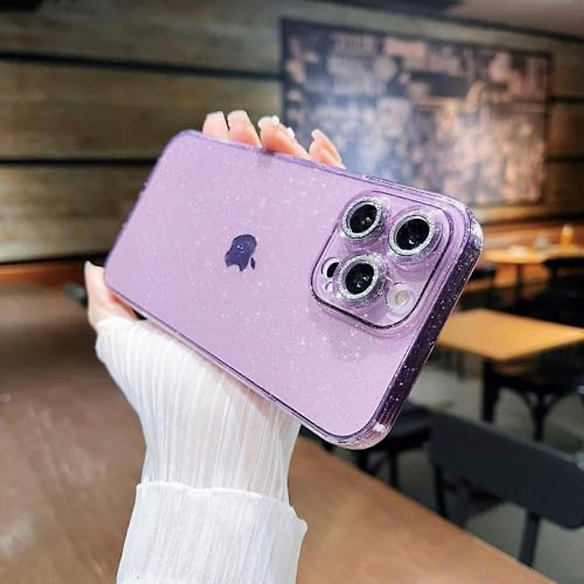 MINSCOSE Compatible with iPhone 13 Pro Max Case,Cute Neon Bright Color with Bling Glitter Diamond Camera Protector, Clear Crystal Phone Case for Women Girls-Dark Purple