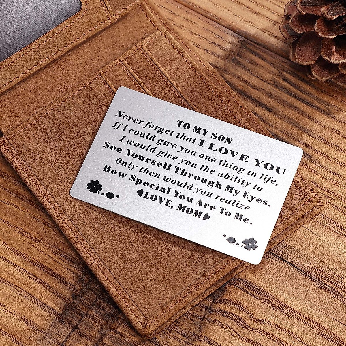FeiYen Personalized Engraved Message Wallet Card Inserts Customized for Son from Mom Mother - I Love You - Graduation Birthday Christmas Deployment - Best Custom Metal Cards for Him