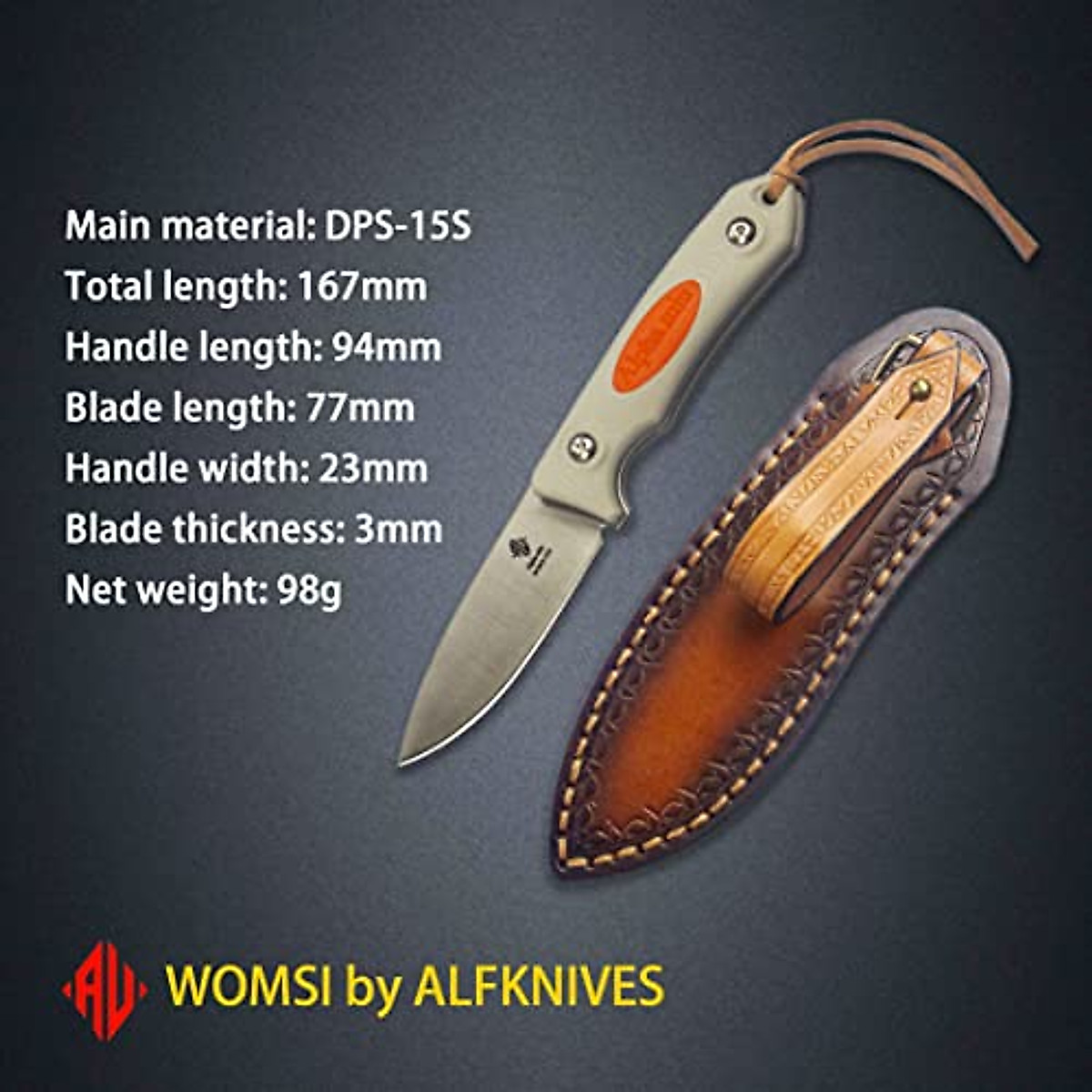 WOMSI Hunting Knife,Full Tang 6.57",DPS15-S Power Steel Blade,Sonorous&durable G10 Handle with Leather Sheath(Grey)