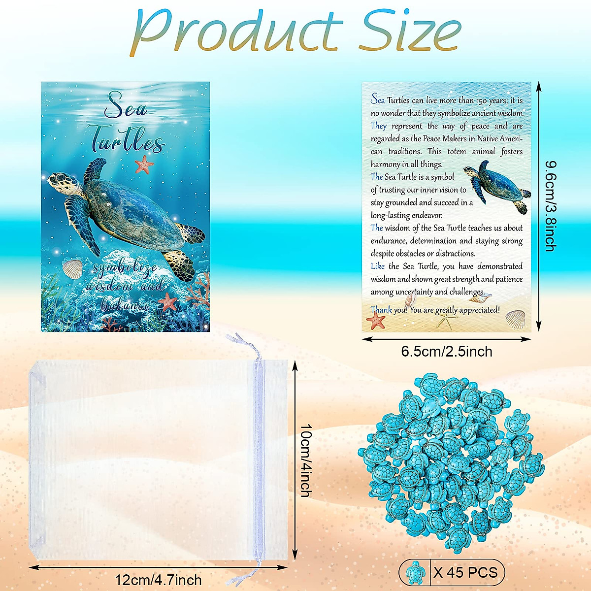 135 Pcs Sea Turtle Employee Appreciation Gifts Bulk Thank You Teacher Appreciation Gift Includes 45 Turtle Greeting Card with Message 45 sea Turtle and 45 Organza Bags for Coworkers (Bright Style)
