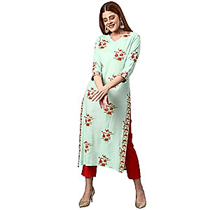 Elina fashion Indian Stitched Kurti for Womens With Pant | Rayon Printed Readymade Kurta Kurtis Light Green