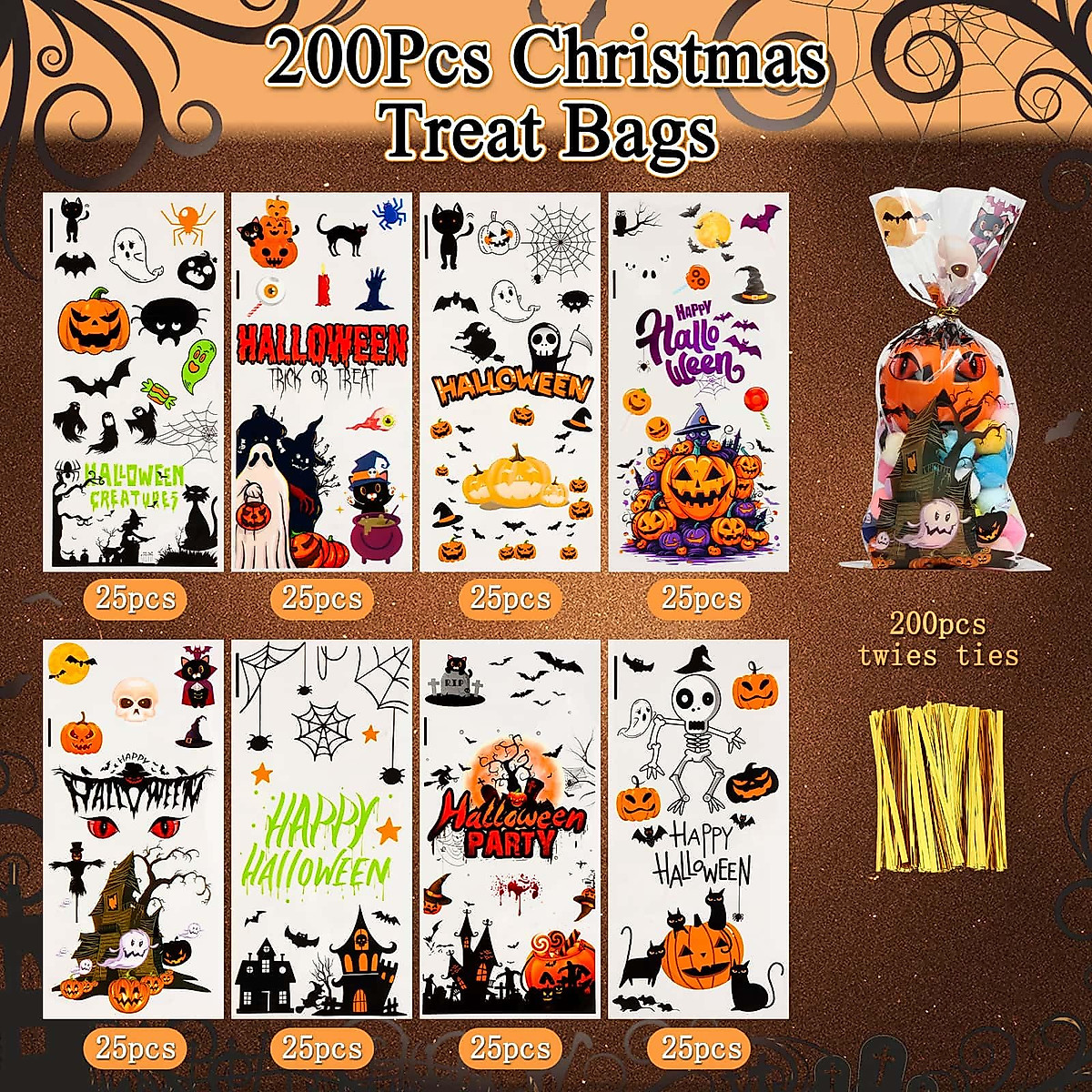 shynek 200 Pcs Halloween Treat Bags for Candy, Halloween Cellophane Goodie Bags Bulk Plastic Clear Candy Bags Trick or Treat bags with Twists for Halloween Party Favors Snacks Cookies Packing
