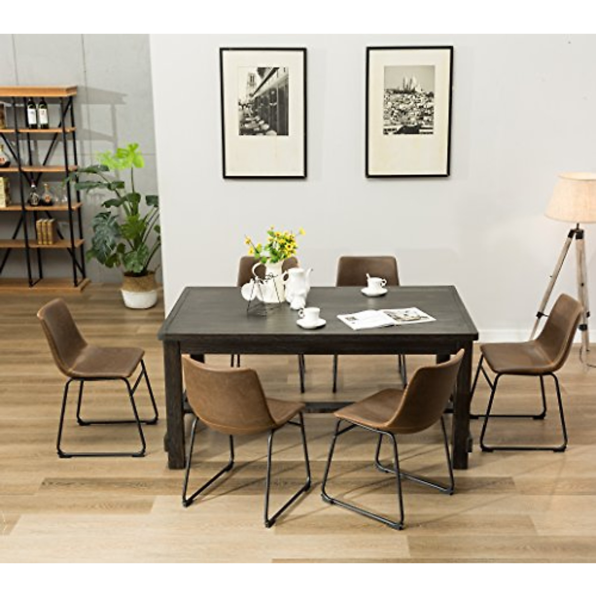 Roundhill Furniture 7 Piece Lotusville Wood Dining Table With Chairs Set, Vintage Brown