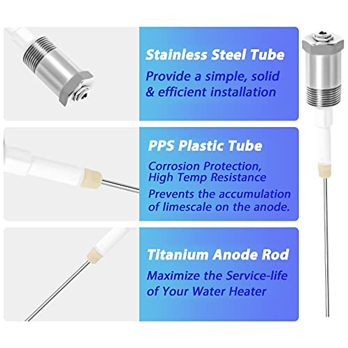 Podoy Powered Anode Rod for Hot Water Heater 30-80 Gallon Water Tank, Universal 9.4" Eliminates Rotten Egg Smell Titanium Electric Anode Rod Replacement with Teflon Tape