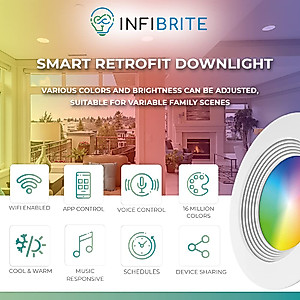INFIBRITE 4 Inch Smart Recessed Light, Color Changing and Tunable White, WiFi Retrofit LED Downlight E26 Base, No Hub, Works with Alexa and Google, Dimmable, 810LM, CRI90, RGBCW, Wet Rated (12 Pack)