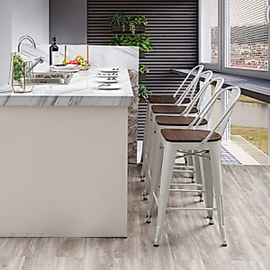 Aklaus Metal Bar Stools Set of 4, 24 inch Counter Height Bar Stools with Backs, Farmhouse Style, Larger Seat, High Back Kitchen Dining Chairs, Cream White Stool