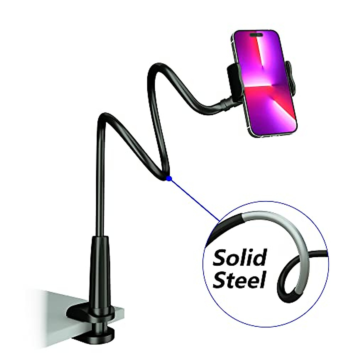 Cell Phone Clip on Stand Holder - with Grip Flexible Long Arm Gooseneck Bracket Mount Clamp for iPhone X/8/7/6/6s/5 Samsung S8/S7, used for bed, desktop, Black