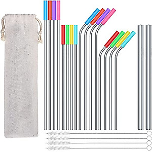 18-Pack Reusable Stainless Steel Straws with Soft Silicone Tips, Urekt 8.5" and 10.5" Long Metal Drinking Straw Set with 2pcs 0.4“ Extra Wide Boba Straws, 4 Cleaning Brushes Included