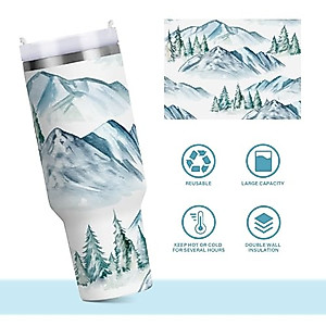 RPLIFE Soft Watercolor Mountains Pastel Green 40 Oz Tumbler with Handle, Stainless Steel Tumbler with Straw, Tea Tumbler