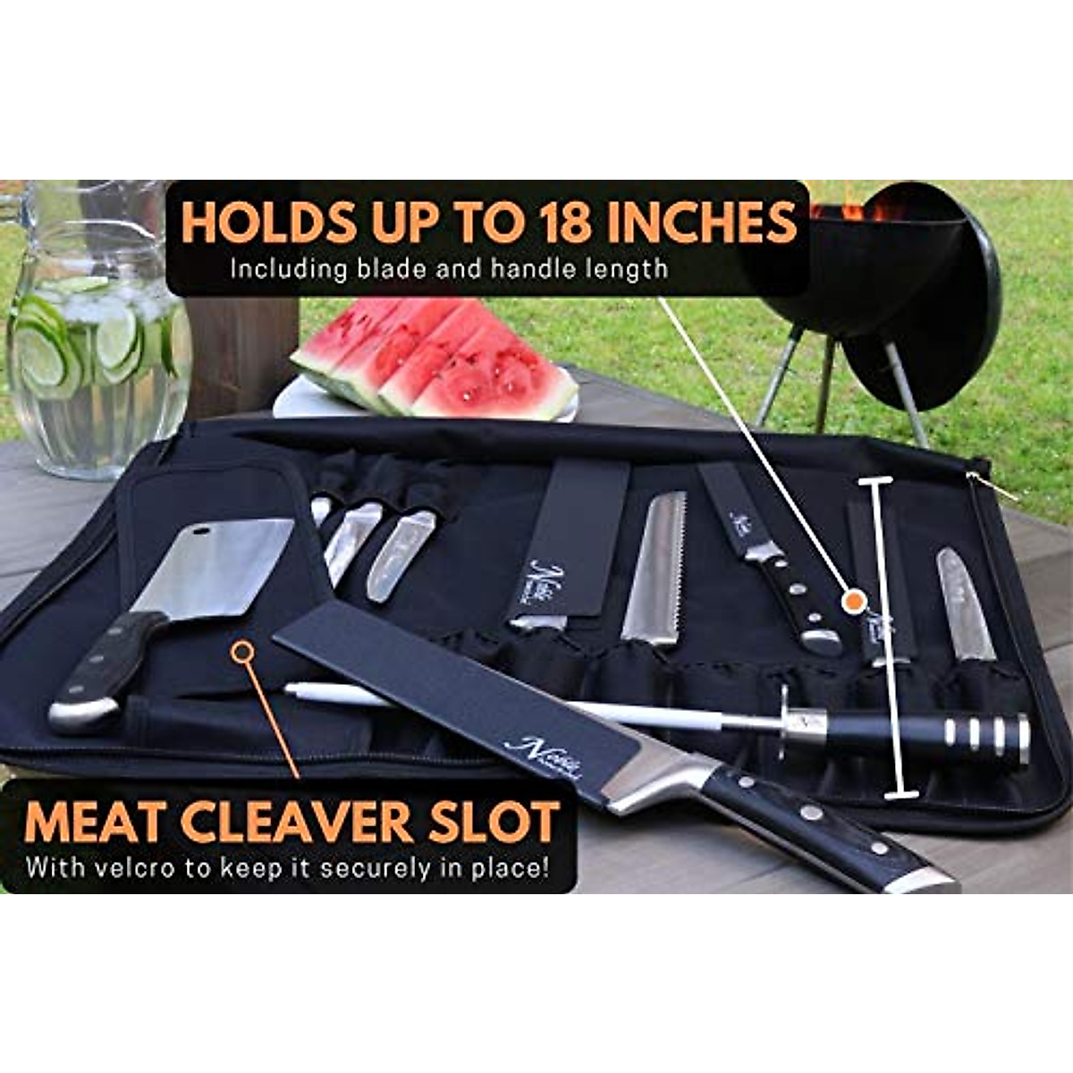 Chef’s Knife Roll Bag (14 slots) Holds 10 Knives PLUS Meat Cleaver, Utility Pocket, AND 4 Tasting Spoons! Our Durable Knife Carrier Includes Shoulder Strap and Name Card Holder. (Knives Not Included)