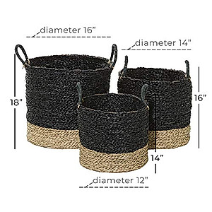 Deco 79 Seagrass Handmade Two Toned Storage Basket with Handles, Set of 3 17", 15", 14"H, Black
