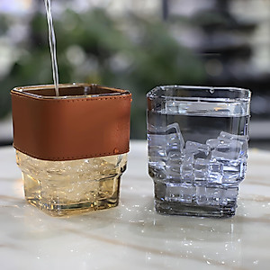 YULUDZSW Thick Wall Insulated Glass Cups With Lids Leather Case And Straws, Coffee Cup, Iced Tea Cup, For Beer, Cocktail, Coffee,Milk, Fruit And Vegetable Drinks, Etc.(Amber/16 oz)