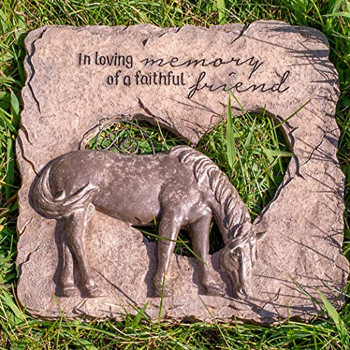 Carson Home Accents Outdoor Garden Sympathy Resin Animal Pet Memorial Stone with Devoted Angel Horse, Quote, and Heart Cutout, Gray