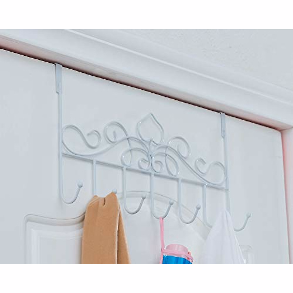 eywlwaar Over The Door Hooks with 7 Hooks Metal Rack for Home Use Hats Coats Key Bag Clothes Scarfs Hooks and Love Design(White)